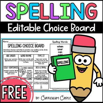 FREE Spelling Choice Board Menu Editable Activities - CURRICULUM CASTLE